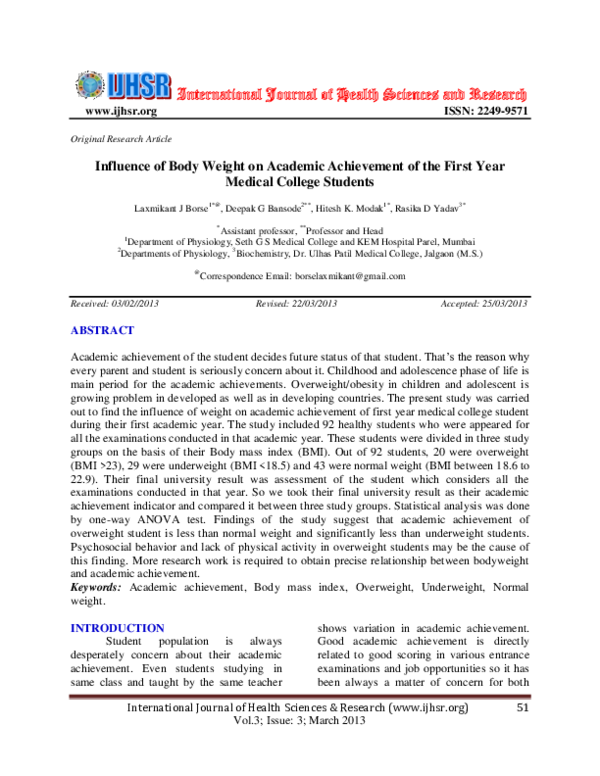 (PDF) Influence of Body Weight on Academic Achievement of the First ...