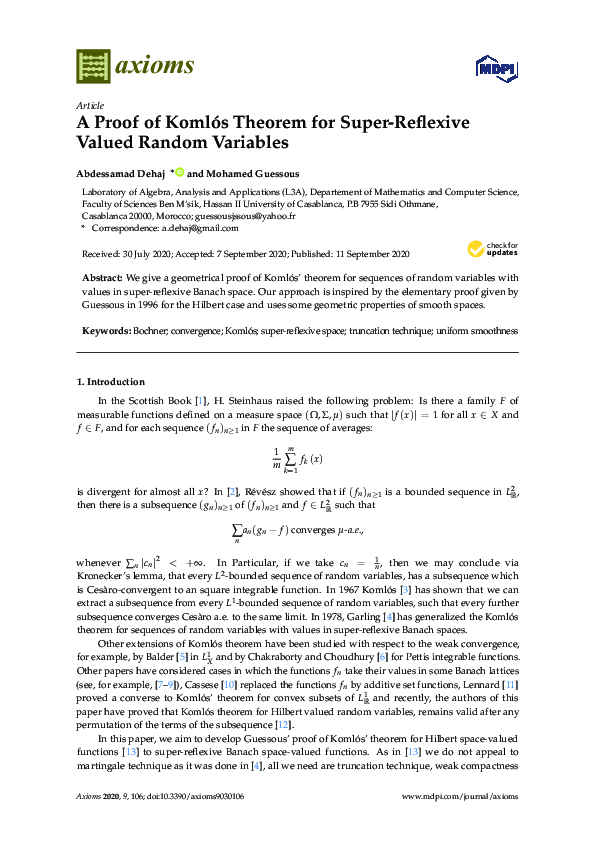 (PDF) A Proof of Komlós Theorem for Super-Reflexive Valued Random Variables
