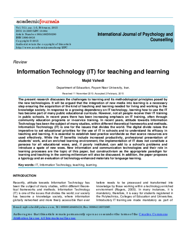 (PDF) Information Technology (IT) for teaching and learning