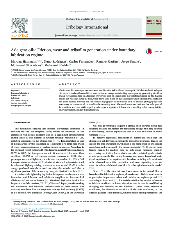 (PDF) Axle gear oils: Friction, wear and tribofilm generation under ...