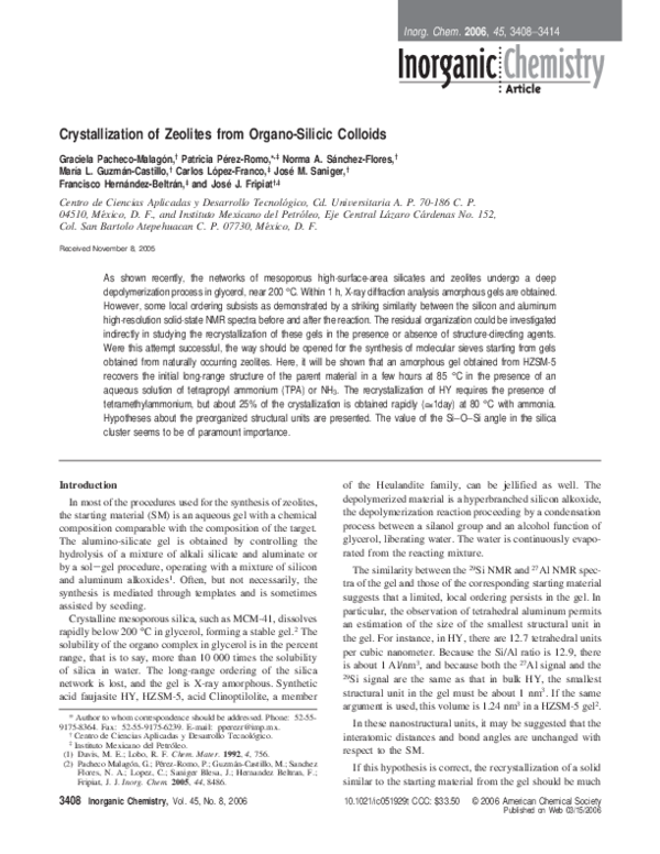(PDF) Crystallization of Zeolites from Organo-Silicic Colloids