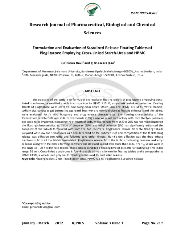 Pdf Formulation And Evaluation Of Sustained Release Floating Tablets Of Pioglitazone Employing