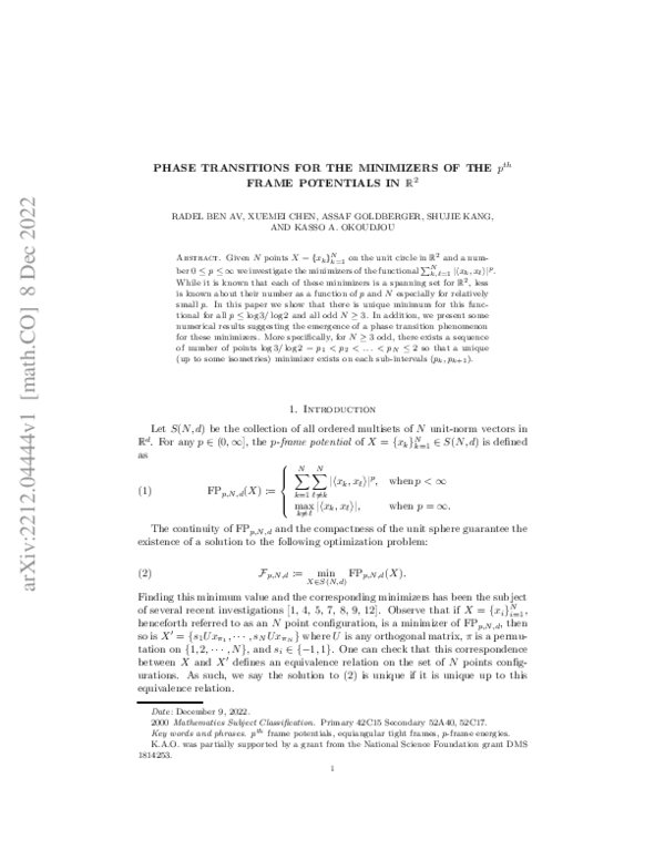 (PDF) Phase transitions for frame potentials]{Phase transitions for the minimizers of the $p^{th ...