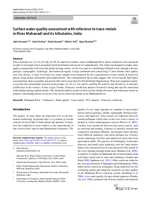 (PDF) Surface water quality assessment with reference to trace metals in River Mahanadi and its ...