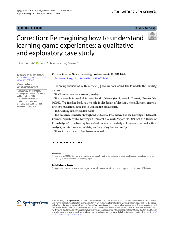 (PDF) Correction: Reimagining how to understand learning game experiences: a qualitative and ...