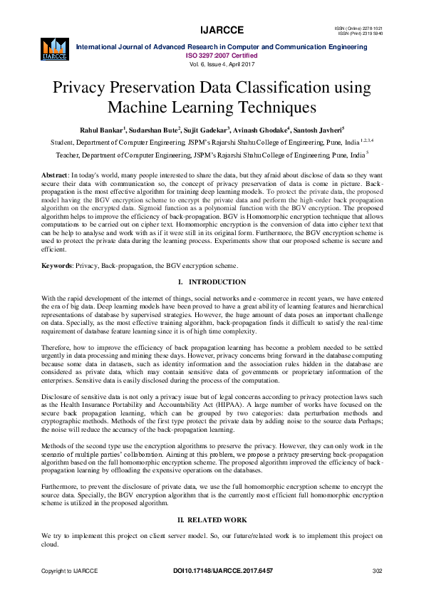 Pdf Privacy Preservation Data Classification Using Machine Learning
