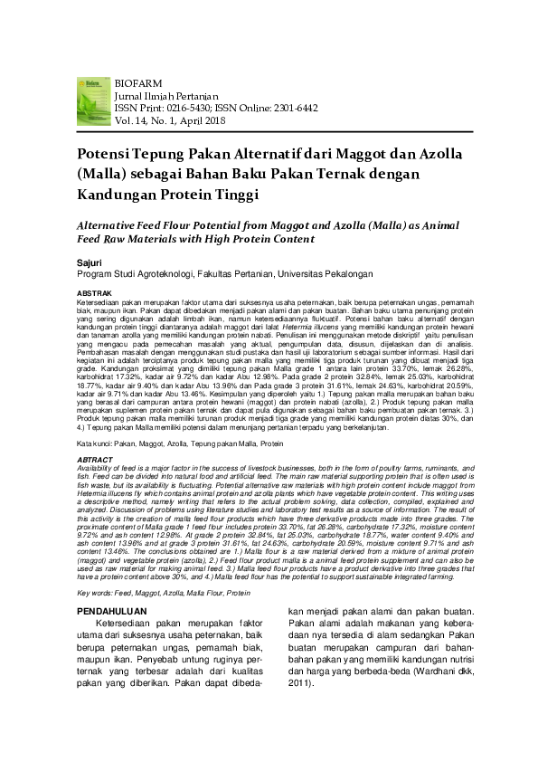 (PDF) Potensi Tepung Pakan Alternatif dari Maggot dan Azolla (Malla) sebagai Bahan Baku Pakan ...