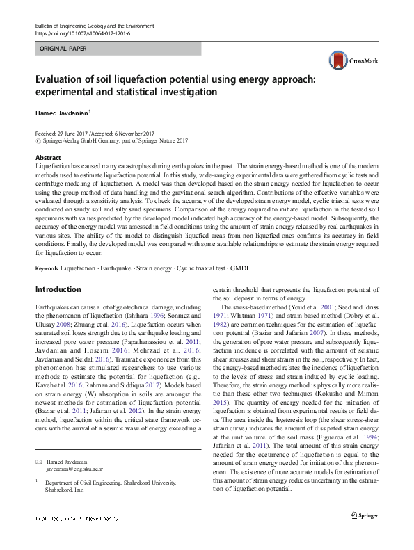 (PDF) Evaluation of soil liquefaction potential using energy approach: experimental and ...
