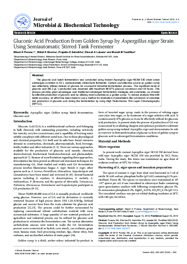 (PDF) Gluconic Acid Production from Golden Syrup by Aspergillus niger ...