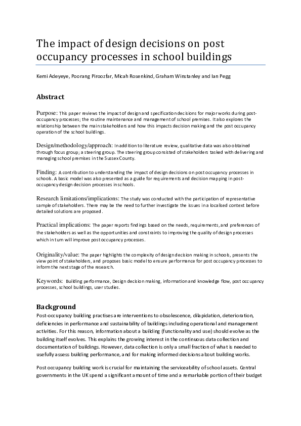 (PDF) The impact of design decisions on post occupancy processes in ...