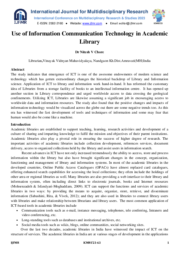 (PDF) Use of Information Communication Technology in Academic Library