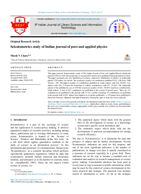 (PDF) Scientometrics study of Indian journal of pure and applied physics
