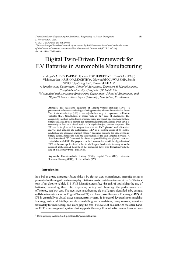 (PDF) Digital Twin-Driven Framework for EV Batteries in Automobile Manufacturing