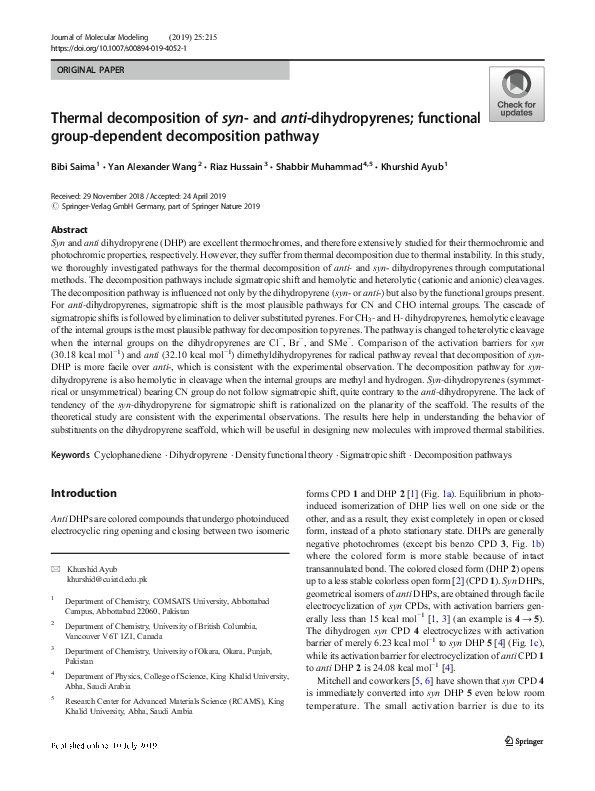 (PDF) Thermal decomposition of syn- and anti-dihydropyrenes; functional ...
