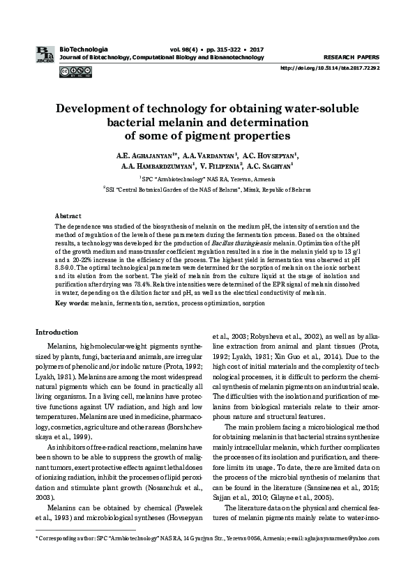 Development of technology for obtaining water-soluble bacterial melanin ...