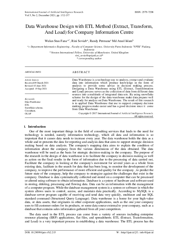 (PDF) Data Warehouse Design With ETL Method (Extract, Transform, And Load) for Company ...