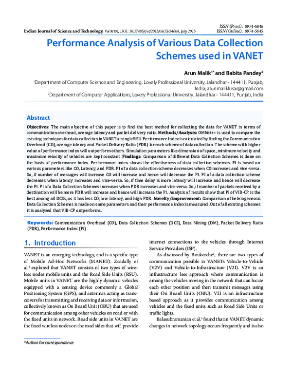 (PDF) Performance Analysis of Various Data Collection Schemes used in VANET