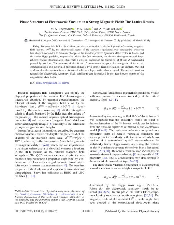 (PDF) Phase Structure of Electroweak Vacuum in a Strong Magnetic Field: The Lattice Results