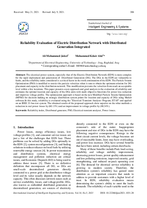 (PDF) Reliability Evaluation of Electric Distribution Network with Distributed Generation Integrated