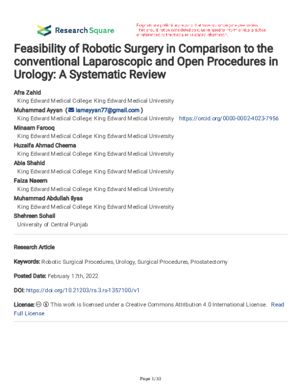 (PDF) Feasibility of Robotic Surgery in Comparison to the conventional Laparoscopic and Open ...