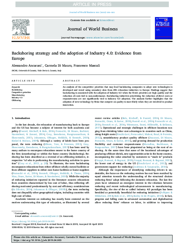 (PDF) Backshoring strategy and the adoption of Industry 4.0: Evidence ...