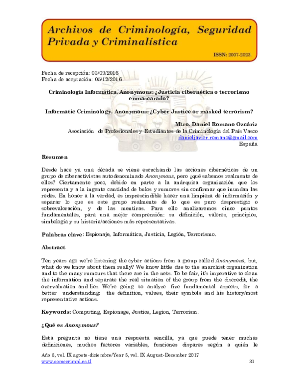 (PDF) Criminología Informática. Anonymous: ¿justicia cibernética o ...