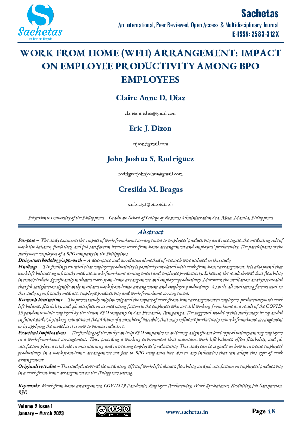 (PDF) Work from Home (WFH) Arrangement: Impact on Employee Productivity Among Bpo Employees