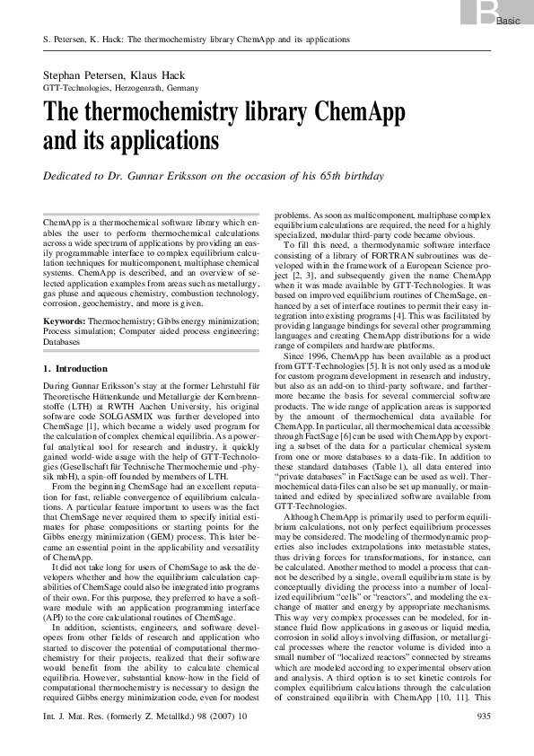 (PDF) The thermochemistry library ChemApp and its applications