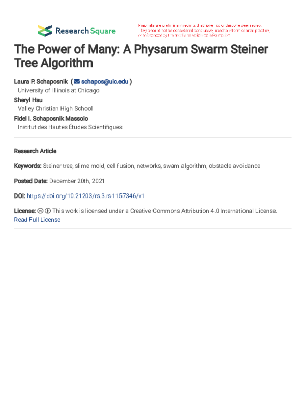 (PDF) The Power of Many: A Physarum Swarm Steiner Tree Algorithm