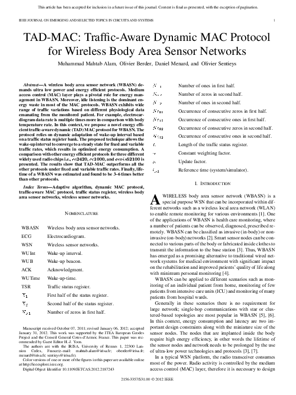 Pdf Tad Mac Traffic Ware Dynamic Mac Protocol For Wireless Body Area