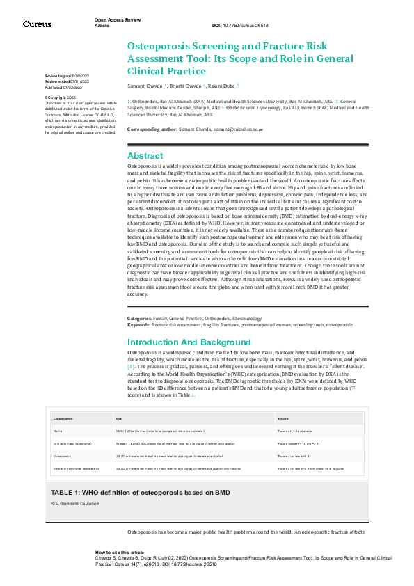 (PDF) Osteoporosis Screening and Fracture Risk Assessment Tool: Its ...