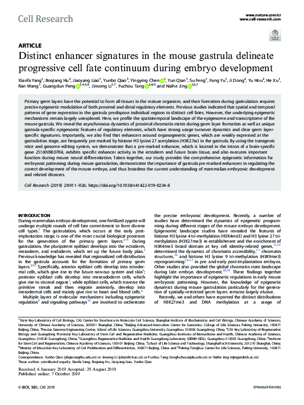 (PDF) Distinct enhancer signatures in the mouse gastrula delineate ...