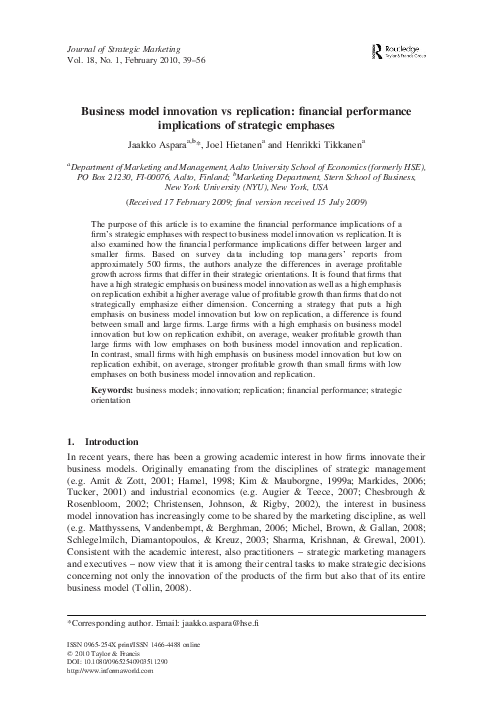 (PDF) Business model innovation vs replication: financial performance implications of strategic ...
