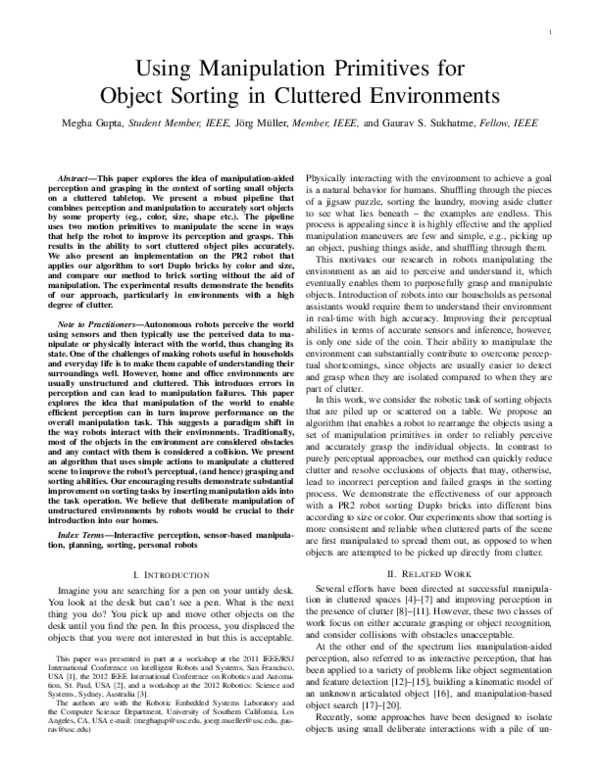 Pdf Using Manipulation Primitives For Object Sorting In Cluttered Environments