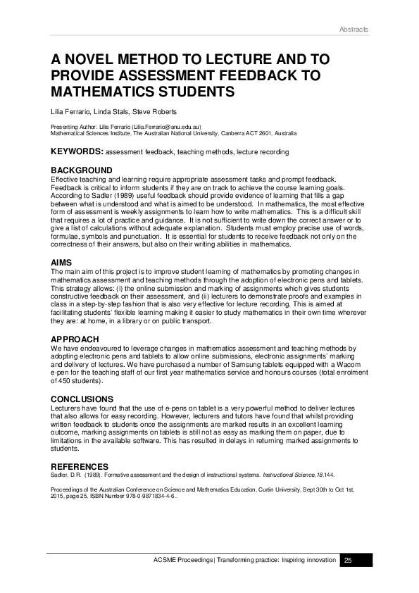 (PDF) A novel method to lecture and to provide assessment feedback to ...