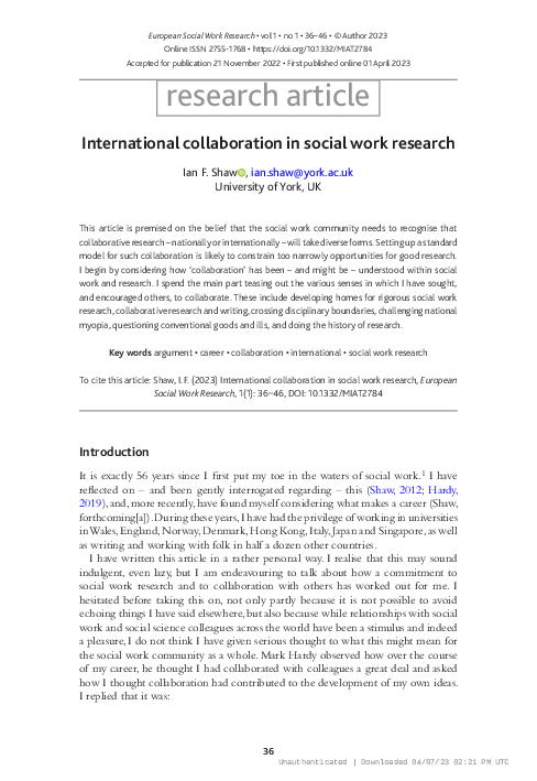 (PDF) International collaboration in social work research