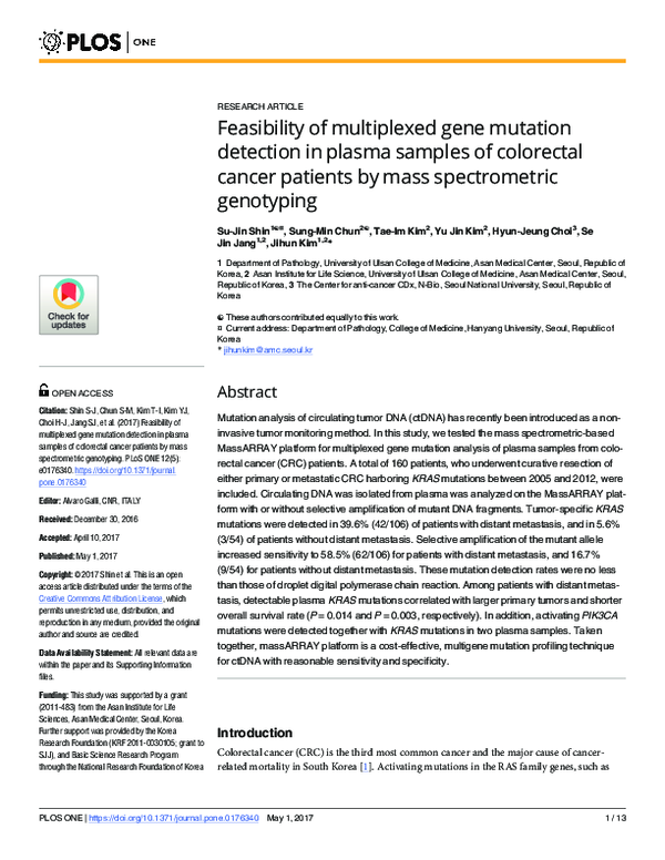 Pdf Feasibility Of Multiplexed Gene Mutation Detection In Plasma Samples Of Colorectal Cancer