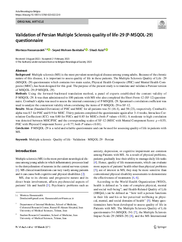 (PDF) Validation of Persian Multiple Sclerosis quality of life-29 (P-MSQOL-29) questionnaire