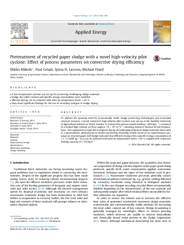 (PDF) Pretreatment of recycled paper sludge with a novel high-velocity ...