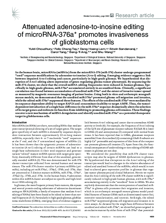 (PDF) Attenuated adenosine-to-inosine editing of microRNA-376a ...