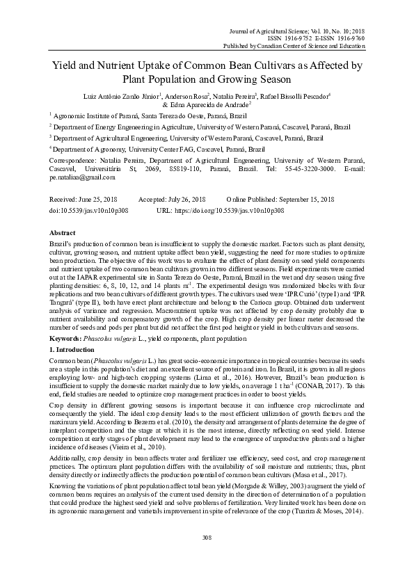 (PDF) Yield and Nutrient Uptake of Common Bean Cultivars as Affected by ...