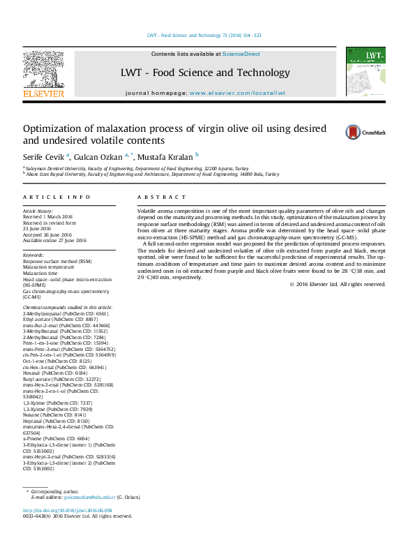 (PDF) Optimization of malaxation process of virgin olive oil using ...