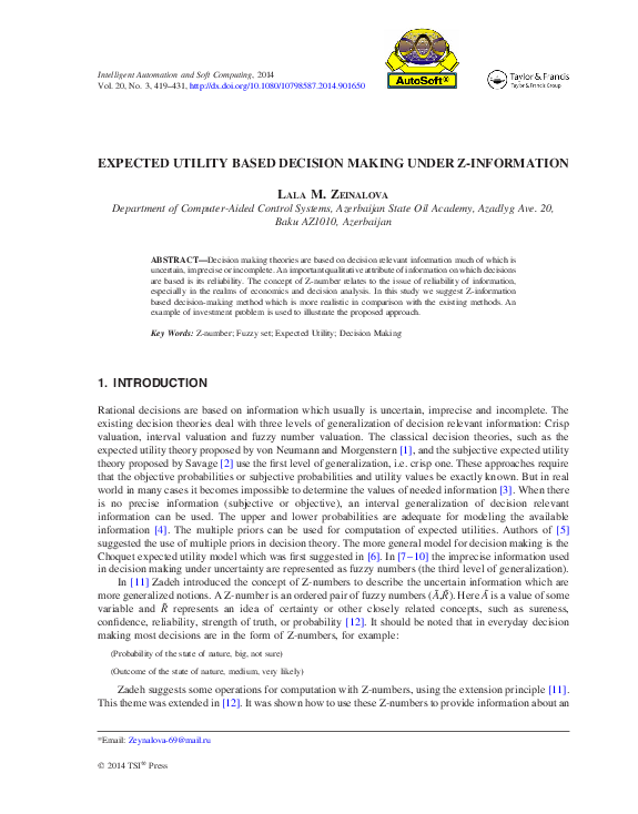 Expected Utility Based Decision Making Under Z-Information
