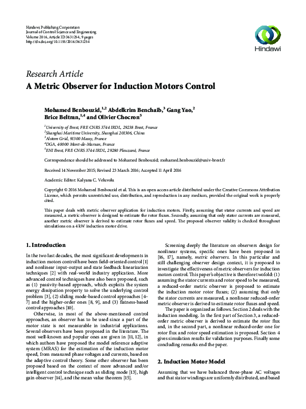 (PDF) A Metric Observer for Induction Motors Control