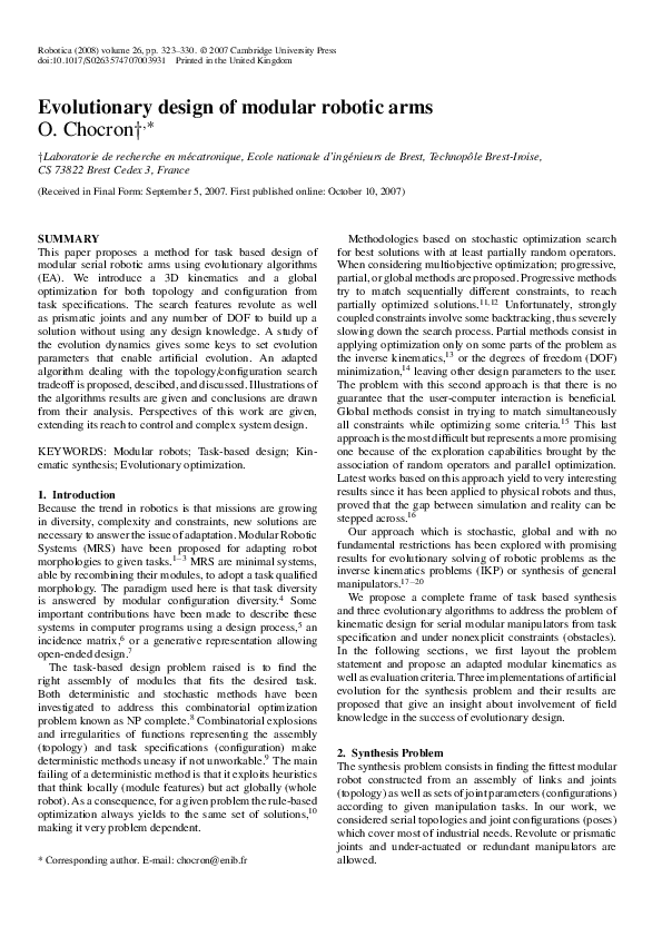 (PDF) Evolutionary design of modular robotic arms