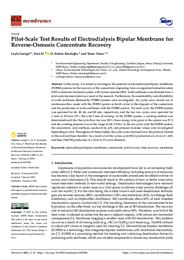 (PDF) Pilot-Scale Test Results of Electrodialysis Bipolar Membrane for ...