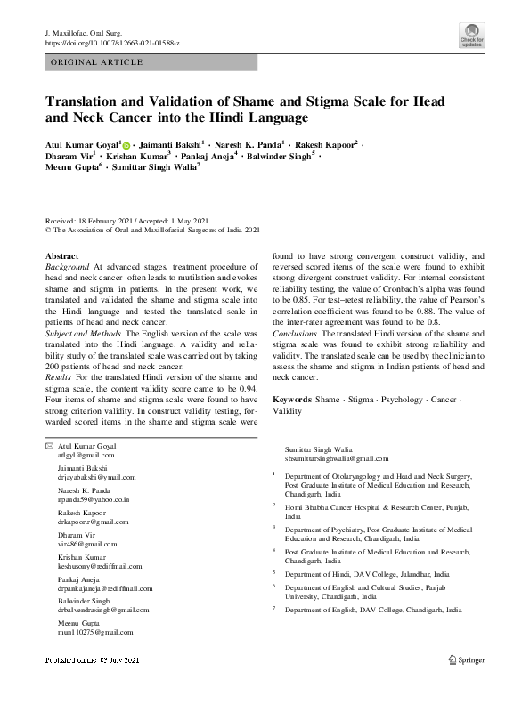 (PDF) Translation and Validation of Shame and Stigma Scale for Head and Neck Cancer into the ...