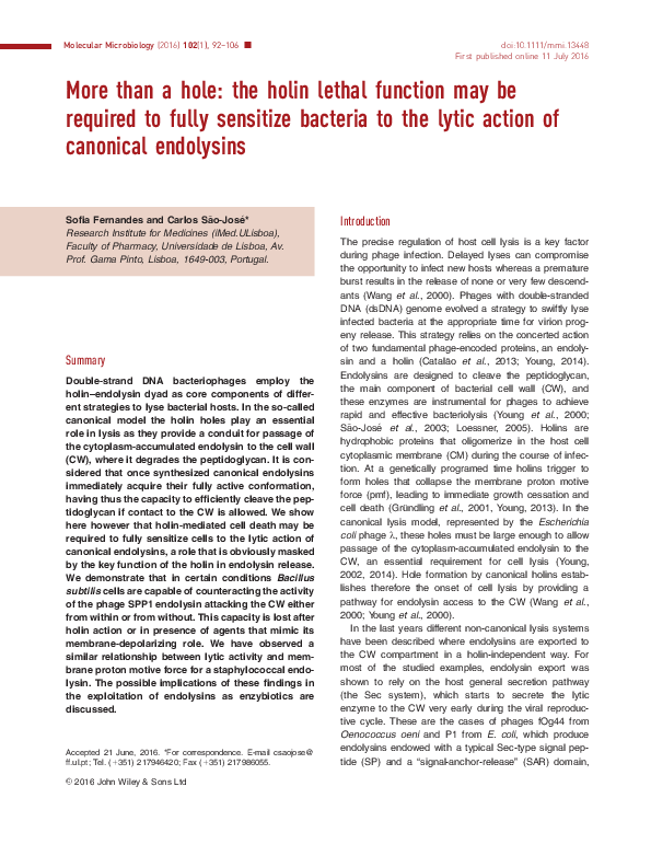 (PDF) More than a hole: The holin lethal function may be required to ...