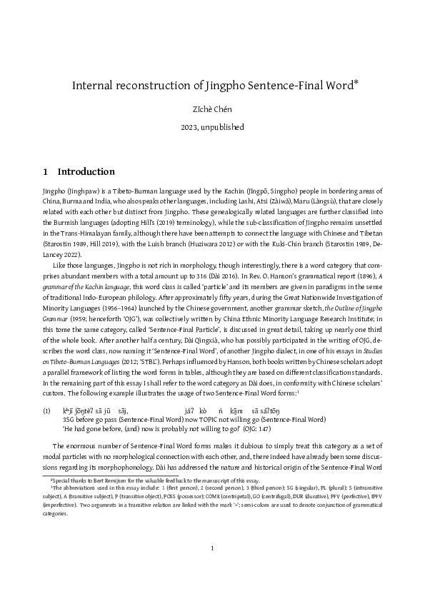 (PDF) Internal reconstruction of Jingpho Sentence-Final Word