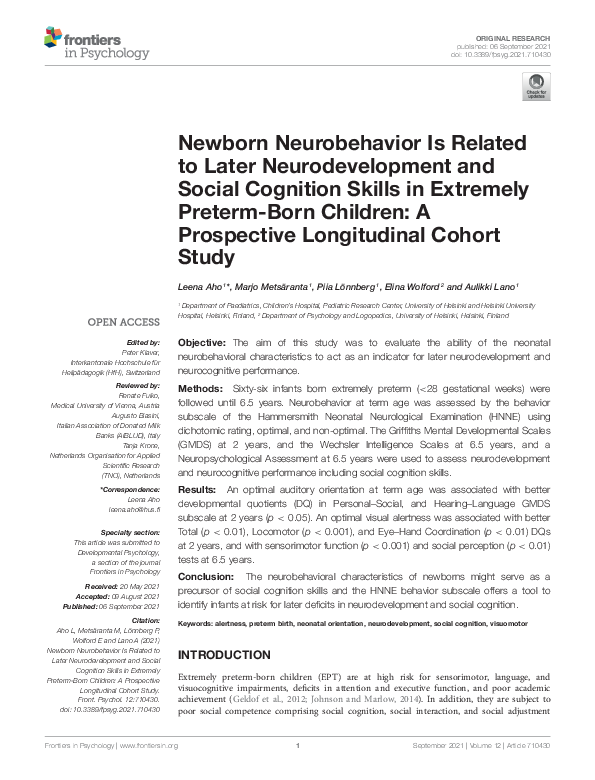 (PDF) Newborn Neurobehavior Is Related to Later Neurodevelopment and Social Cognition Skills in ...